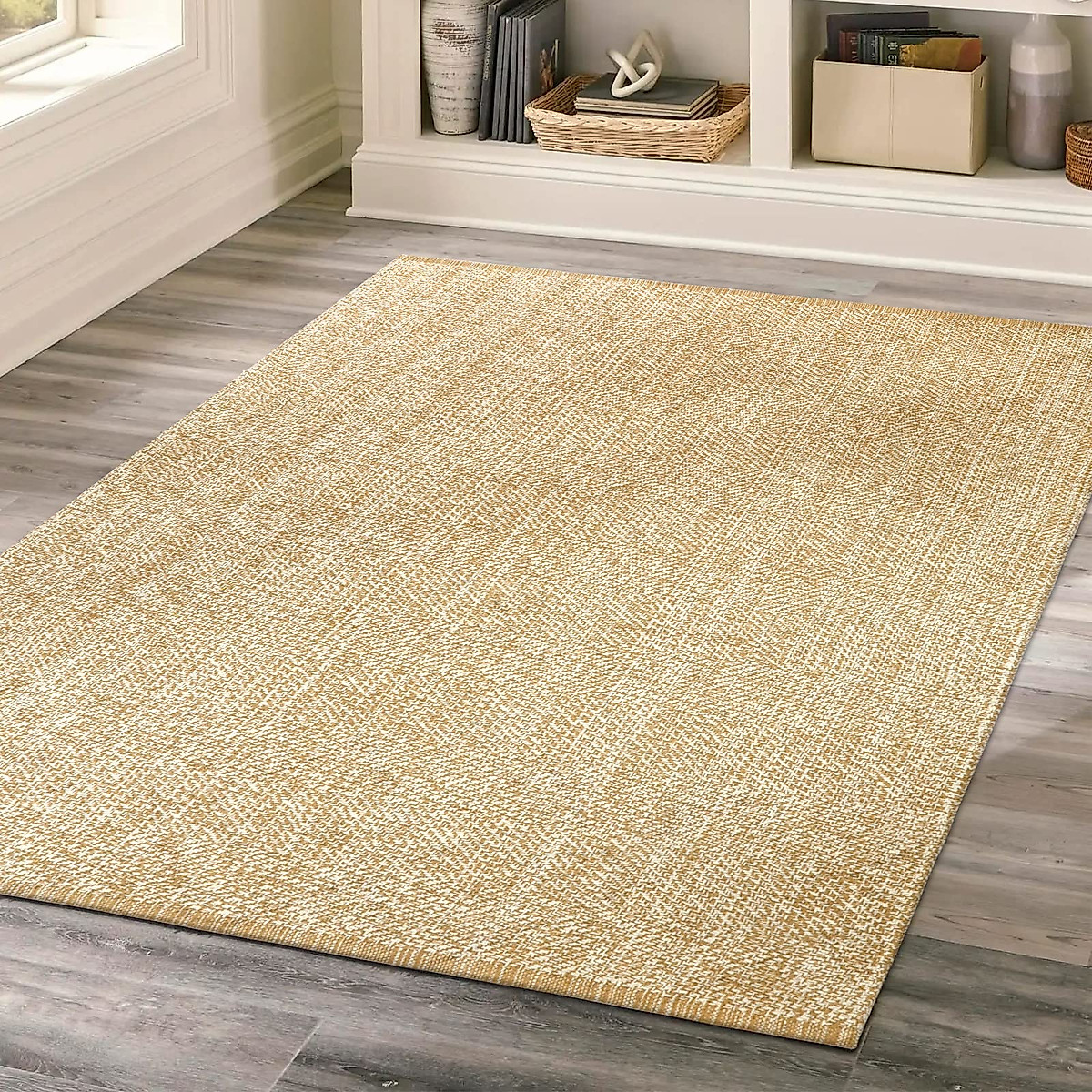 LEEVAN Washable Area Rug 4x6, Hand-Woven Cotton Living Room Rug, Tan/Cream Braided Bedroom Rug, Farmhouse Indoor/Outdoor Floor Carpet for Patio, Nursery, Office, Playroom, Dining Room