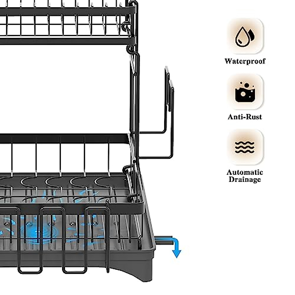 Iwaiting Outdoor Dish Drying Rack, 2 Tier Dish Dryer Rack for More Space Saving, Large Dish Rack with Sink Drainer, Durable Metal Dishrack Set, Dish Racks for Kitchen Counter Black