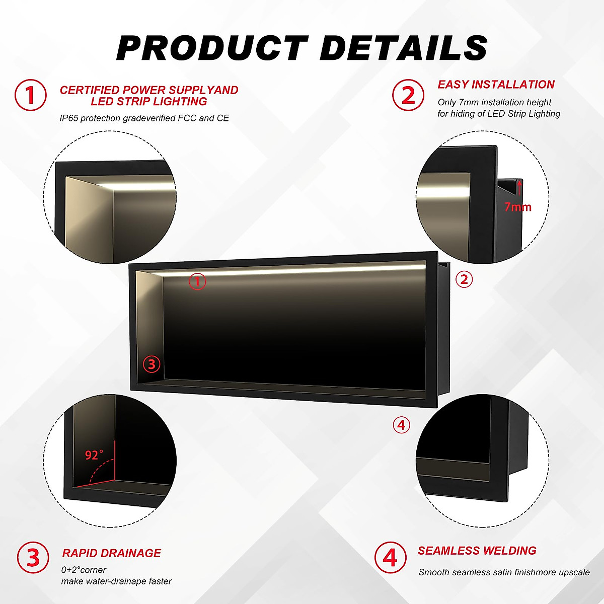 Hicarer Stainless Steel Shower Niche LED Light Recessed Niche Shower Waterproof Recessed Wall Mounted No Tiling Required Shower Alcove for Bathroom Storage Installation (Black,12 x 36 Inch)