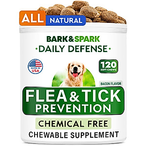 BARK&SPARK Natural Flea and Tick Prevention Chews for Dogs - Chewable Tablets for Dogs - All Breeds and Ages - Made in USA Flea and Tick Remover Supplement - Bacon - 120 Treats