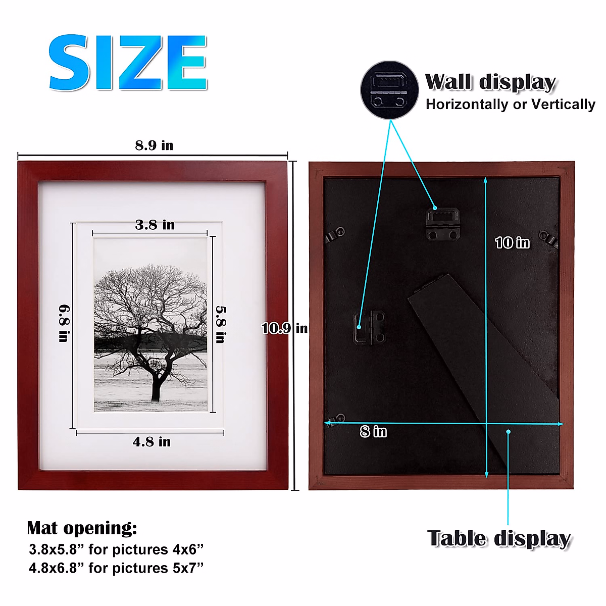 Egofine 8x10 Picture Frames 4 Pack - Wood Frames Covered by Plexiglass for Pictures 4x6 or 5x7 with Mat or 8x10 Without Mat, Photo Frames for Table Top and Wall Display, Cherry Red