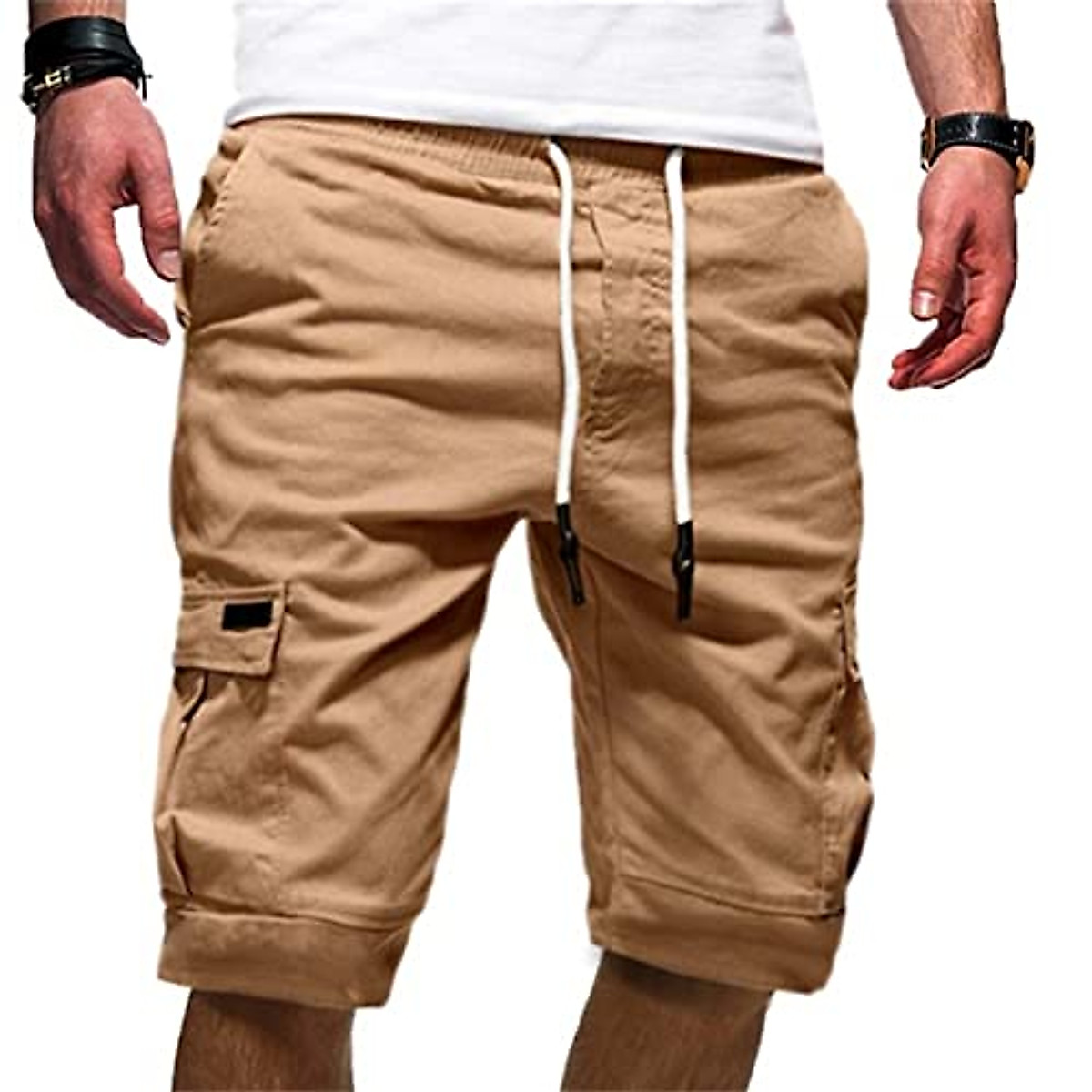 Men's Casual Multi Pocket Short Pants Elastic Waist Relaxed Fit Cargo Shorts Loose Fit Lightweight Outdoor Shorts (Khaki,XX-Large)
