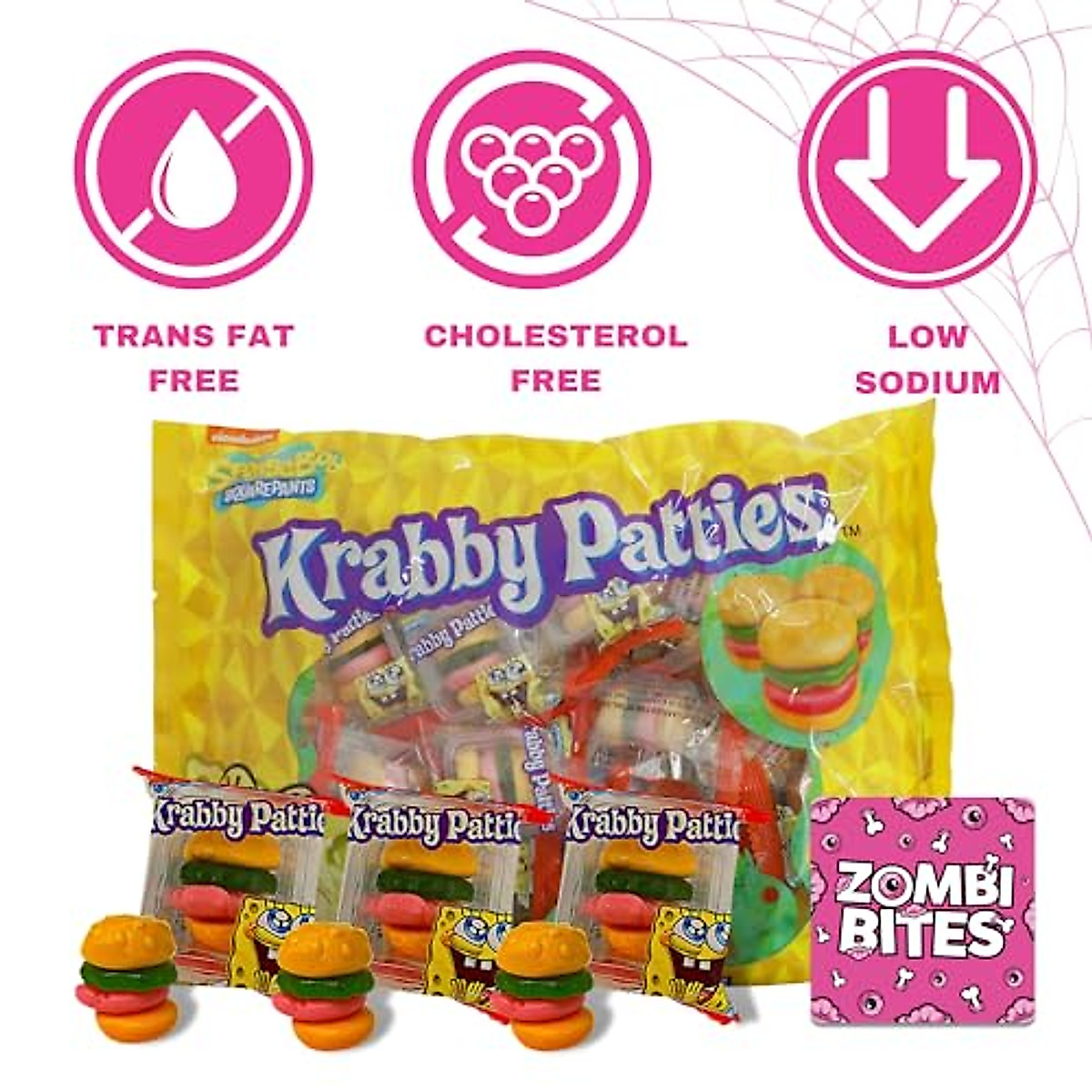 Burger Gummy Bundle. Includes One-5.08 Oz Bag of Spongebob SquarePants Krabby Patty Gummies Plus a Zombibites Fridge Magnet. Krabby Patty Gummies are Fat Free Gummy Candies!