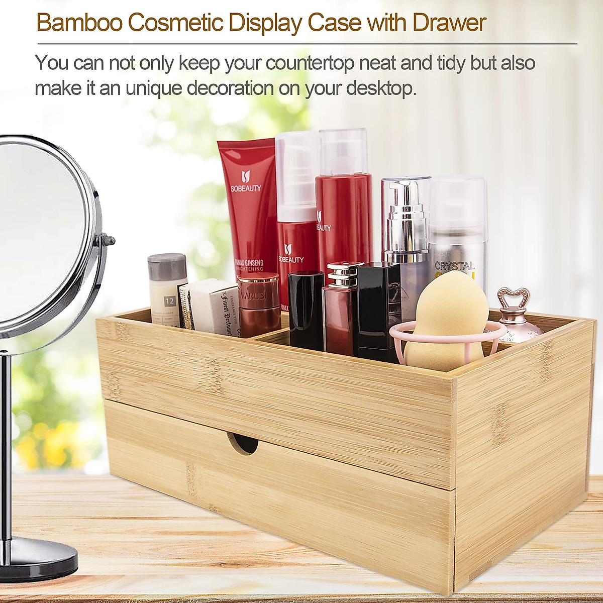 BOOTOP PIN Bamboo Makeup Organizer with Drawers for Countertop, Dresser, Bathroom Skincare
