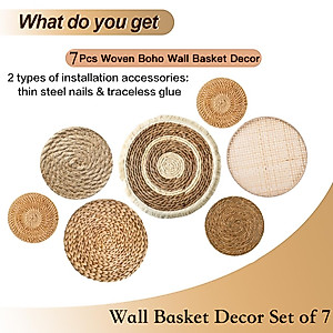 ALYBSOO Boho Wall Basket Decor set of 7, Woven Seagrass Wicker Rattan Flat Baskets Wall Hanging Decor, Handmade African Round Wall Baskets Decor, for Living Rooms, Bedrooms