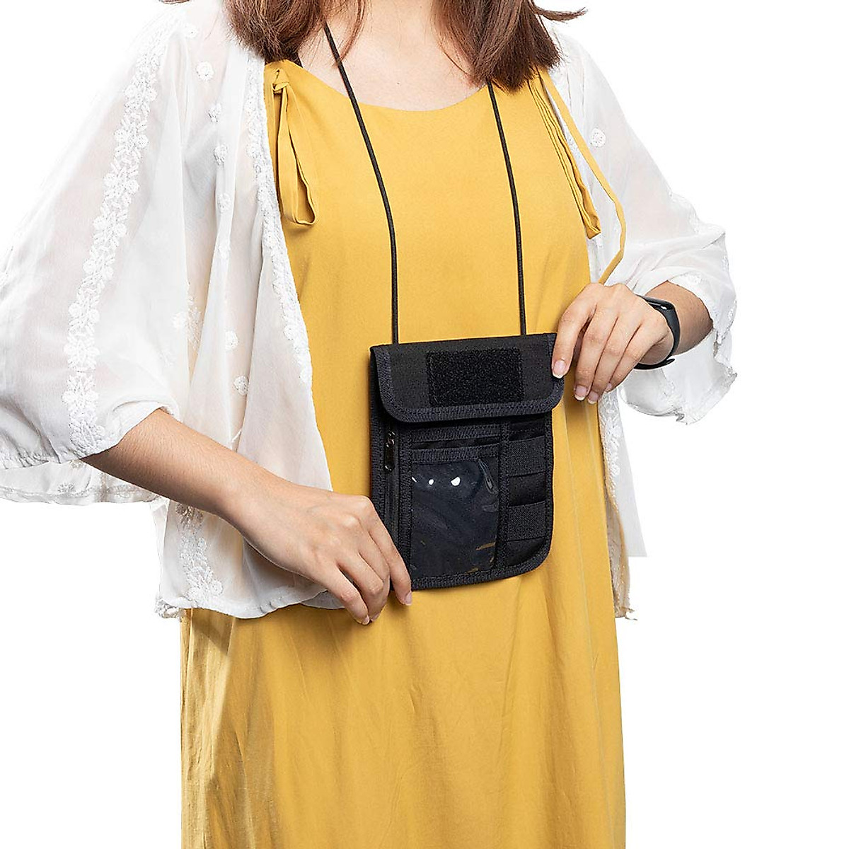 EXCELLENT ELITE SPANKER Passport Holder Nylon Neck Pouch RFID Blocking Travel Neck Wallet ID Card Organizer Pouch with Neck Lanyard(Black)