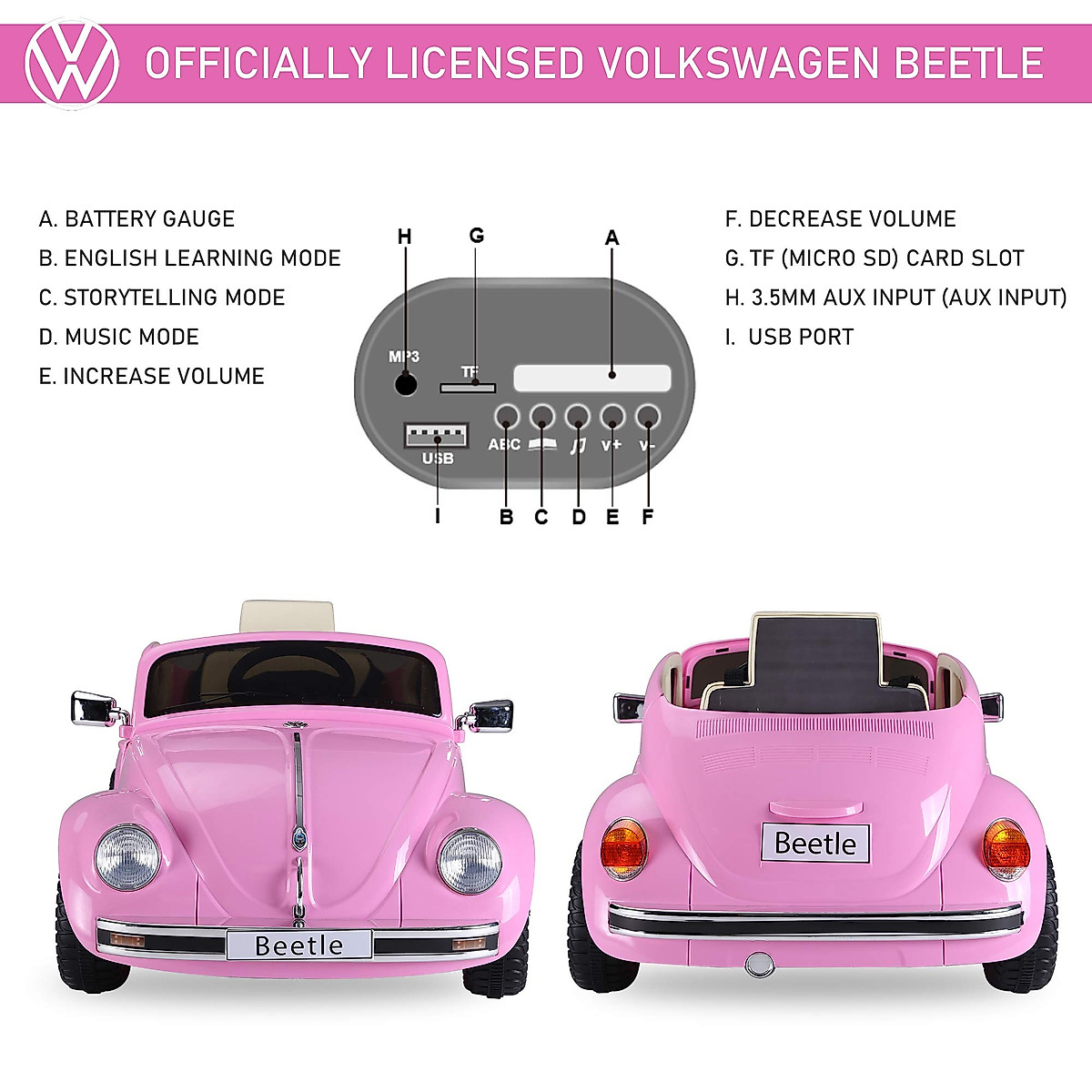 Aosom Licensed Volkswagen Beetle Electric Kids Ride-On Car 6V Battery Powered Toy with Remote Control Music Horn Lights MP3 for 3-6 Years Old Pink