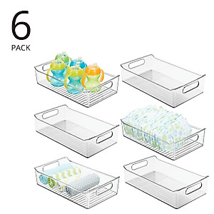 mDesign Small Plastic Nursery Storage Container Bins with Handles for Organization in Pantry, Cabinet, Closet or Cubby Shelves - Organizer for Baby Food, Bibs, Formula, and Burp Cloths - 6 Pack, Clear