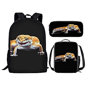 Modysero Large Capacity Boys Backpack Set Durable Lightweight Casual School Backpack for Teens Wild Animal Geckos Print Backpacks Reusable Portable Lunch Bag Girls Backpack for Elementary School