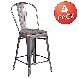 Flash Furniture Lincoln 4 Pk. 24" High Clear Coated Counter Height Stool with Back and Wood Seat