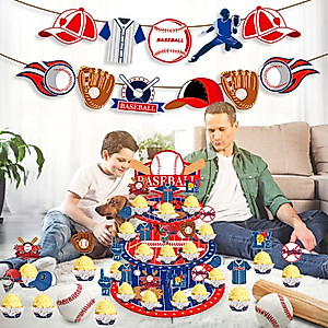 25 PCs Baseball Cupcake Stand 3-Tier and Baseball Cupcake Topper Set, Fiesec Baseball Theme Sports Ball Party Supplies Cardboard Dessert Tower Holder Round Serving Stand Holder