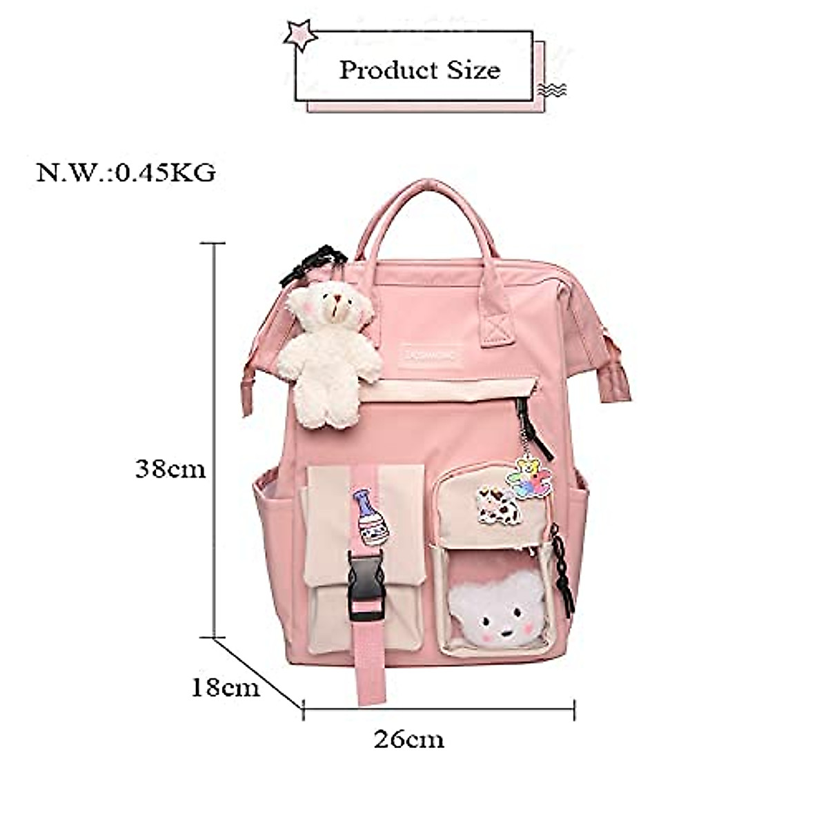 Kawaii Backpack with Kawaii Pin and Accessories Backpack Cute Aesthetic Backpack Cute Kawaii Backpack for School (Pink)