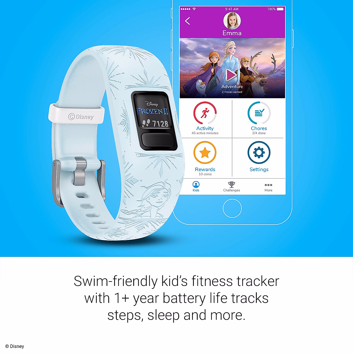 Garmin 010-01909-38 Vivofit Jr. 2, Kids Fitness/Activity Tracker, 1-Year Battery Life, Adjustable Band, Disney Frozen 2, Elsa, Light Blue