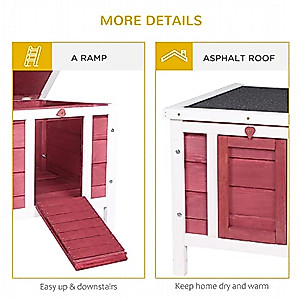 PawHut Small Wooden Rabbit Hutch Bunny Cage Guinea Pig Cage Duck House Dog House with Openable & Waterproof Roof, Red