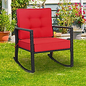 Tangkula Wicker Rocking Chair, Outdoor Glider Rattan Rocker Chair with Heavy-Duty Steel Frame, Patio Wicker Furniture Seat with 5” Thick Cushion for Garden, Porch, Backyard, Poolside (1, Red)