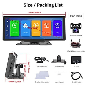 Portable Car Stereo Wireless Apple Carplay Android Auto with Backup Camera, 10.26" IPS Touchscreen GPS Navigation Head Unit, Bluetooth, Voice Control, AUX, 64G TF Card, Car Radio Receiver