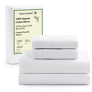 100% Organic Cotton Queen Sheets, 4-Piece bed sheets for Queen Size Bed Percale Weave Ultra Soft Best Bedding Sheets for Bed, Breathable, Fits Mattress Upto 15" Deep - White Queen Sheet Set