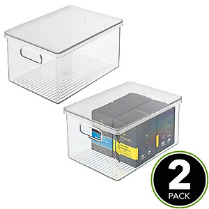 mDesign Plastic Pantry Storage Box Container with Lid and Built-In Handles - Organization for Flour, Cereal, Pasta, Rice, or Food in Kitchen Cupboard, Ligne Collection, 2 Pack, Clear/Clear