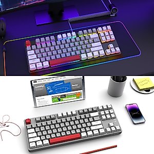 A.JAZZ AK873 Wired 87 Key TKL Retro Color Mechanical Gaming Keyboard with Rainbow Backlit Hot-swap Linear Red Switch NKRO Gasket Custom Coiled Aviator C to A Cable for Win/PC/Mac Gamer(White Gray)