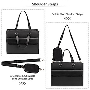 Laptop Bag for Women, Laptop Tote Bag 17 Inch, Waterproof Leather Computer Tote Bag with USB Charging Port, Women Briefcase Business Office Work Bag, Large Capacity Handbag Shoulder Bag Black