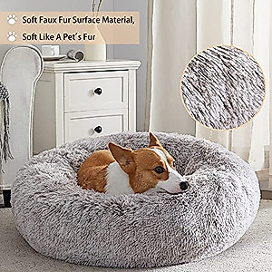 WNPETHOME Calming Dog Bed & Cat Bed,Small Dog Bed Donut Design Faux Fur Anti-Anxiety Dog Bed,Fluffy Pet Cushion Dog Bed for Small Dogs and Cats (20 x 20 inch, Light Coffee)