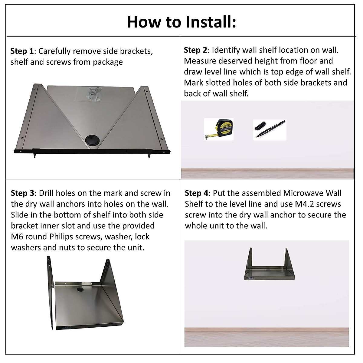 GSW Stainless Steel Reinforced Edge Wall Mount Microwave Oven Wall Shelf NSF Approved (18" W x 18" L x 12" H)