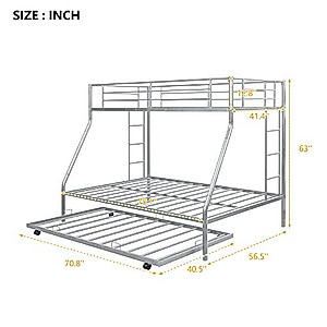 Metal Bunk Beds Twin Over Full Size with 2 Ladder and Trundle Bed for Kids Teens Adults, (Silver)