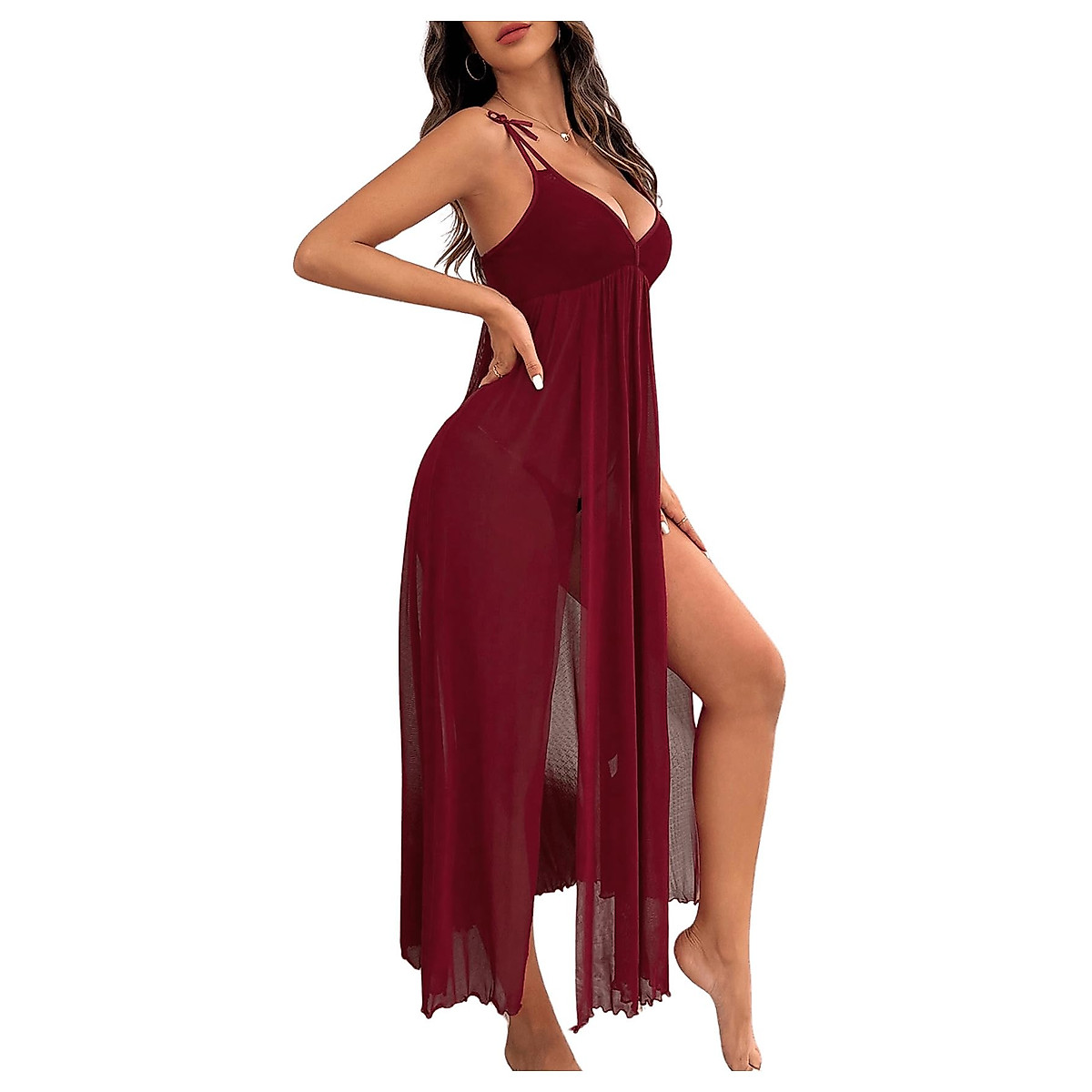 Soly Hux Women's Sexy Split Thigh Mesh Slip Chemise Nightgown Sleeveless V Neck Babydoll Nightdress Valentines Day Sleepwear Solid Burgundy M