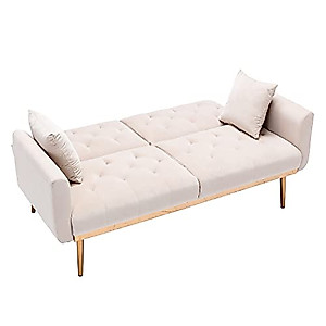 Woanke, Mid Century Velvet Fabric, Modern Folding, Convertible Futon Bed, Recliner Couch Accent Loveseat Sofa with Rose Gold Metal Feet, Beige
