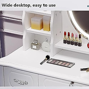 XIGOUZIQU Farmhouse Makeup Vanity Desk with Sliding Mirror and Lights, Tabletop Vanity Table with 5 Drawers & Shelves, Dressing Table Vanity Set for Bedroom, Stool Included (Color : Right)