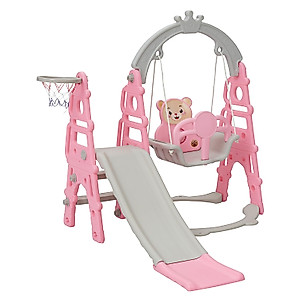 Kinbor 4 in 1 Toddler Slide Swing Set, Climber Slide Playground Baby Playset for Both Indoor & Outdoor with Basketball Hoop, Extra Long Slide & Easy Climb Stairs, Pink