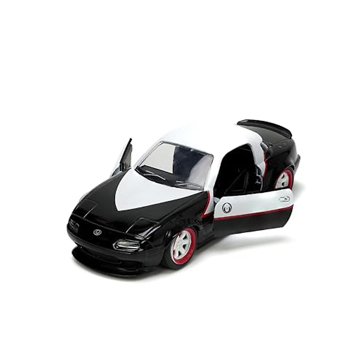 Jada 1990 Mazda Miata Black and White with Graphics and Ghost Spider Diecast Figure Spider-Man Marvel Series 1/32 Diecast Model Car