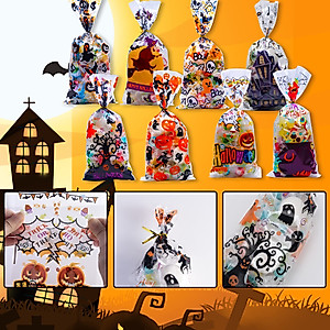 WOONOO 200PCS Halloween Treat Bags Candy Bags for Trick or Treat, 8 Designs Halloween Goodie Bags for Kids Party Supplies, Halloween Cellophane Bags Halloween Party Favor for Kids