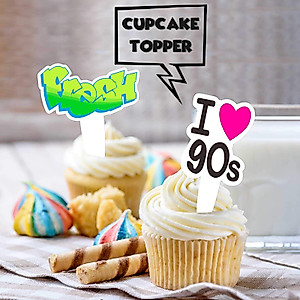 24pcs 90s Cupcake Topper 1990s Retro Theme Decor 90's Decade Throwback Party Decorations Supplies