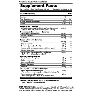 Animal Primal Muscle Hydration + Preworkout Powder – Contains Beta Alanine, 3DPump, Caffeine & Electrolytes – Improves Energy, Focus, Endurance & Absorption – Strawberry Watermelon Flavor, 17.9 oz