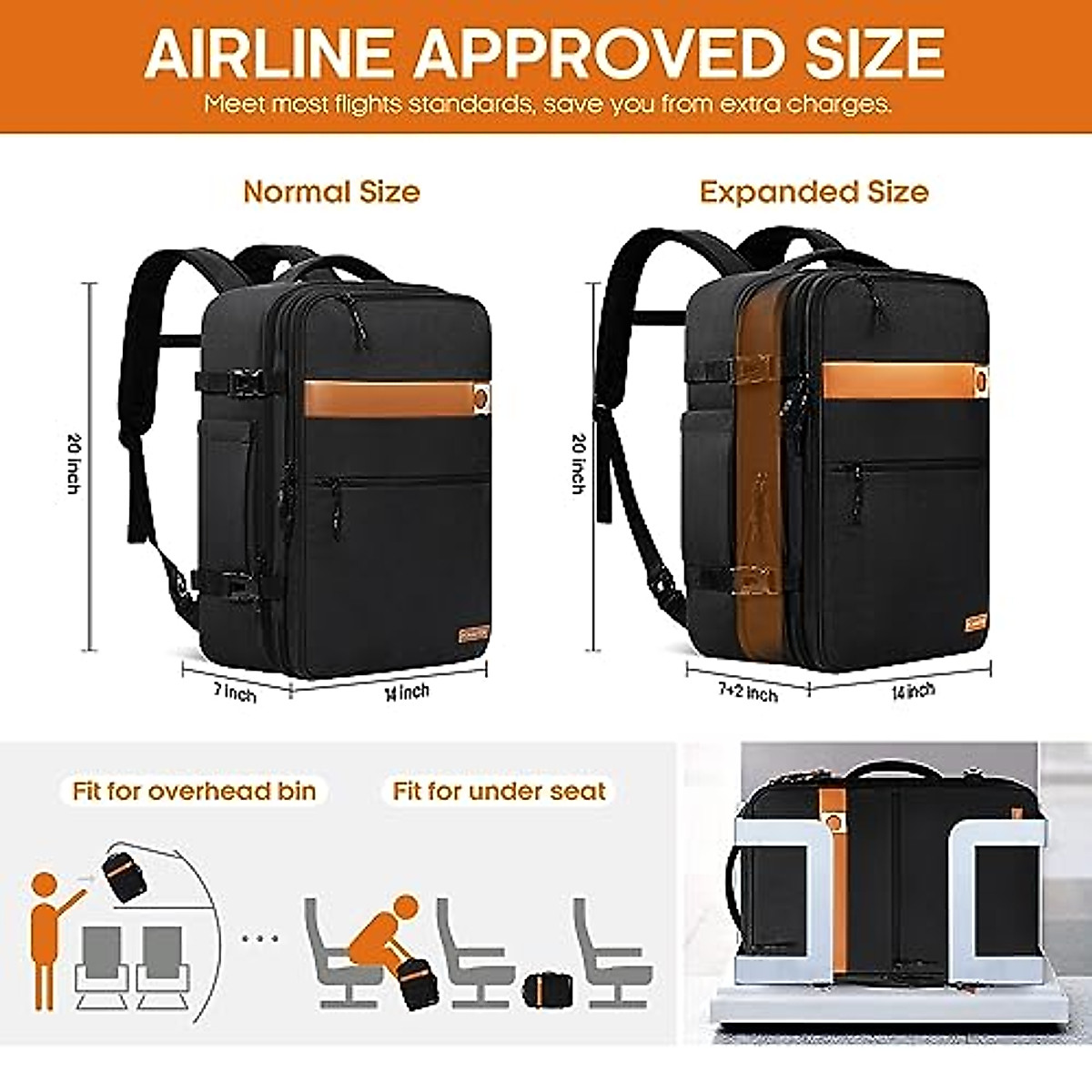 POWAITER Travel Backpack for Women Men, Large Expandable Carry on Backpack Flight Approved with 4 Packing Cubes & Luggage Tag-Black