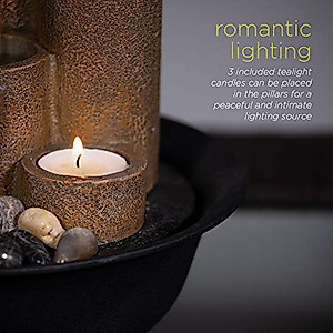 Alpine Corporation Tiered Column Tabletop Fountain with 3 Candles, Mini Waterfall for Indoor Spaces, Relaxation Water Feature, 11" Tall, Brown