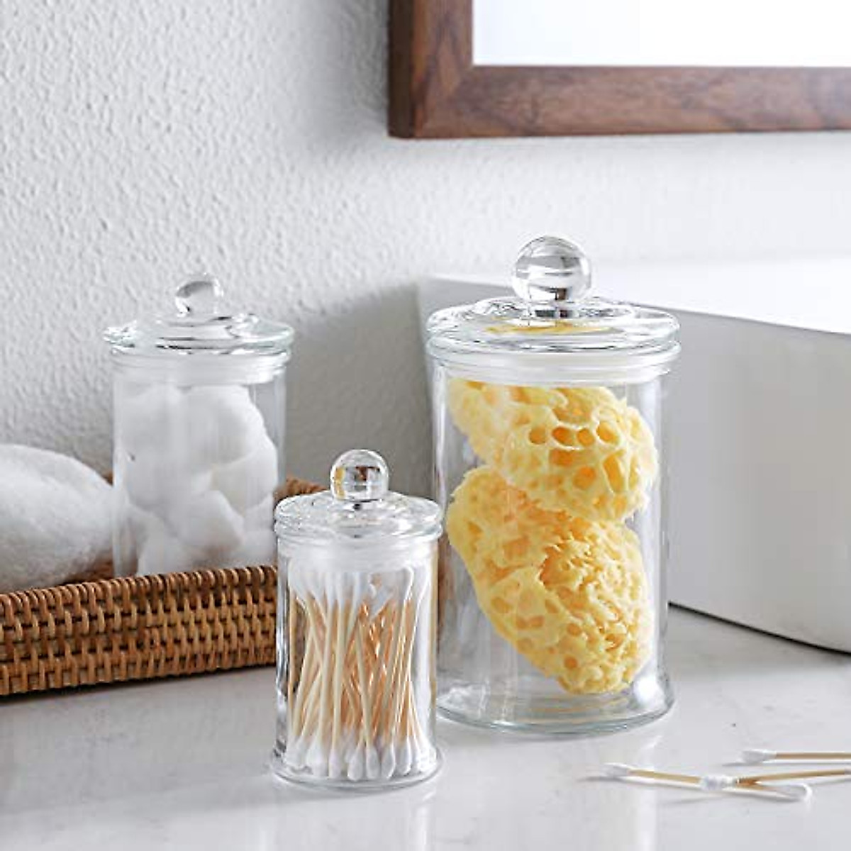 KMwares 3PCs Set Small Mini Clear Glass Premium Quality Apothecary Jars with lids Bathroom Accessories Set for Bathroom Laundry Room Storage or Kitchen / Vanity Organizer Canisters for Cotton Balls / Swabs, Makeup Sponges, Bath Salts, Q-Tips (Clear)