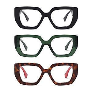 AMOMOMA 3-Pack Oversized Square Reading Glasses for Women,Fashion Trendy Style Blue Light Blocking Eyewear Readers Large Frame with Spring Hinge AM6109 C1+C2+C3 2.0 x
