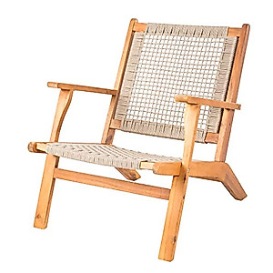 Patio Sense 62773 Vega Natural Stain Outdoor Chair Acacia Wood Construction Hand Woven Seat Mid Century Design Comfortable Reclining Armchair Patio Lawn Garden Backyard Deck - Ecru Cording