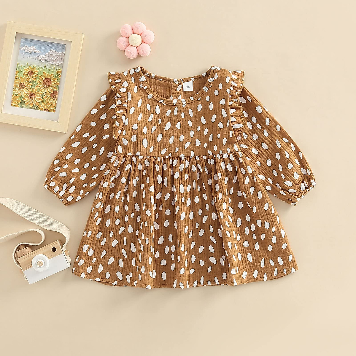 Hoanselay Toddler Infant Baby Girl Sister Matching Clothes Polka Dot Long Sleeve Romper Dress Cute Fall Winter Outfit Set (Brown, 5-6 Years)