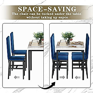 Hooseng Dining Table Set for 4- Space Saving Kitchen Table and Chairs for 4, Modern Style Faux Marble Tabletop & 4 Blue Velvet Chairs, Perfect for Dining Room, Kitchen, Breakfast Corner Small Spaces