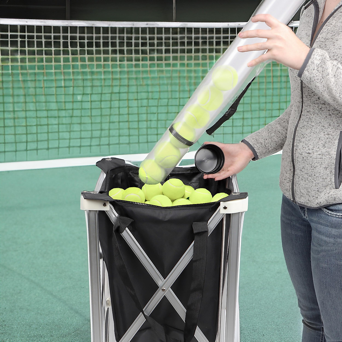 Get Out! Tennis Ball Hopper Tube for 16 Balls - Tennis Ball Pickup Collector Sports Ball Retriever Carrier - 40in, Black
