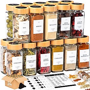 Glass Spice Jars with Labels Bamboo, 24 pcs 4 oz Seasoning Containers Set, Spice Containers with Shaker Lids, Empty Glass Seasoning Jars, Spice Bottles Storage Refillable, Seasoning Organizer Kitchen