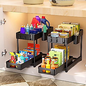 2 Pack Under Sink Organizer with Sliding Storage Drawer, 2 Tier Under Sink Organizers and Storage with 8 Hooks and 2 Hanging Cups, Multi-purpose Under Sink Storage for Kitchen Bathroom Cabinet, Black
