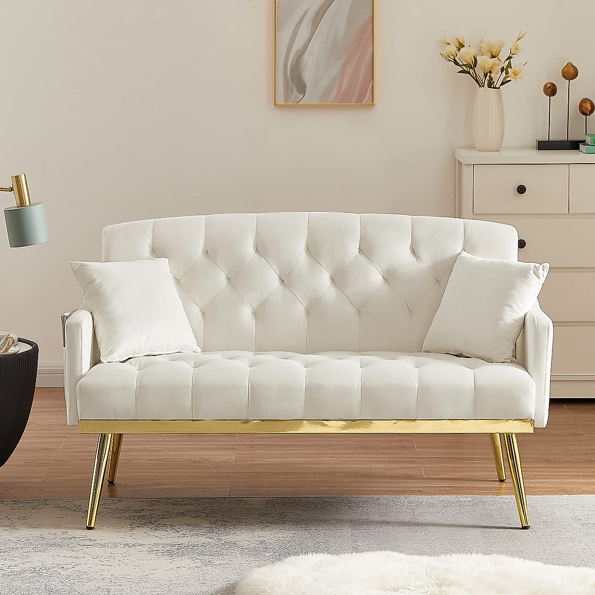 Antetek Upholstered Velvet Loveseat Sofa, Modern Small Sofa Couch with Side Pocket and Golden Metal Legs, Tufted Leisure Sofa for Living Room, Bedroom, Office, Small Space, Light Beige