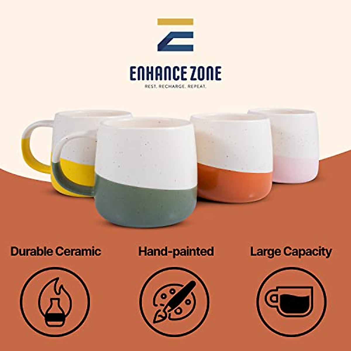 Ceramic Coffee Mugs Set of 4 - Large Stoneware Cups - Hand-Painted, Two-Tone Glazed Mug for Coffee, Tea, and More - Microwave & Dishwasher Safe