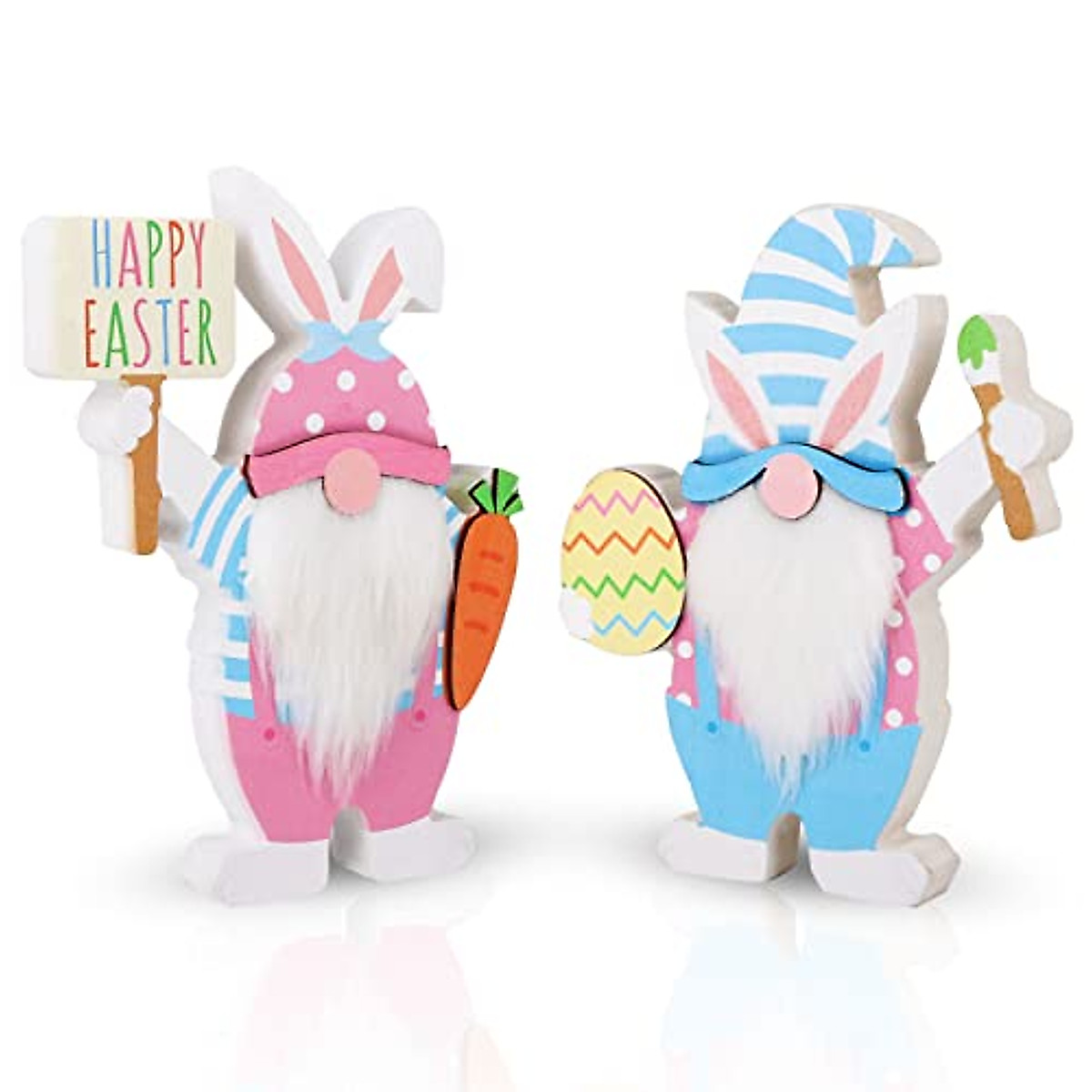 Treory Easter Decorations for The Home, 2 pcs Easter Bunny Shape Gnome Freestanding Wooden Table Centerpiece Signs Easter Gnomes for Tabletop Home Tiered Tray Decor Farmhouse for Easter Gifts