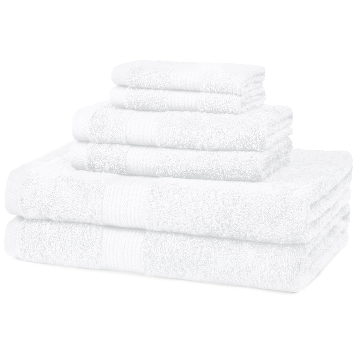 Amazon Basics 6-Piece Fade Resistant Bath towel, Hand and Washcloth Set -Cotton, White, 14.25" L x 10.85" W