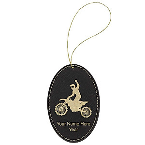 LaserGram Faux Leather Christmas Ornament, Motocross, Personalized Engraving Included (Black with Gold, Oval)